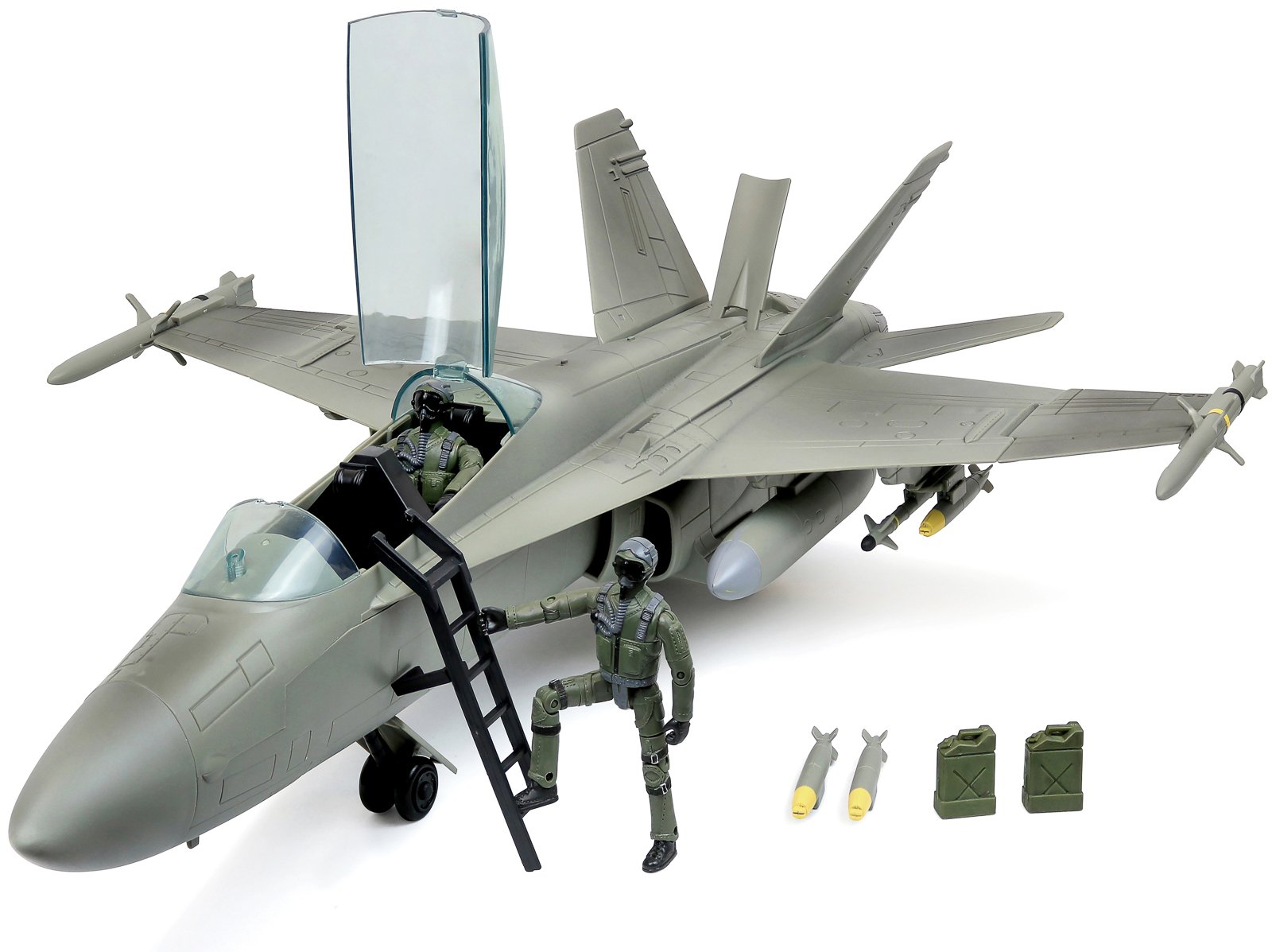 Click N’ Play Military Air Force F/A 18 Super Hornet Fighter Jet, 16 Piece Play Set with Accessories - Army Action Figures, Missiles, and More, Toy for Boys 6+,Grey