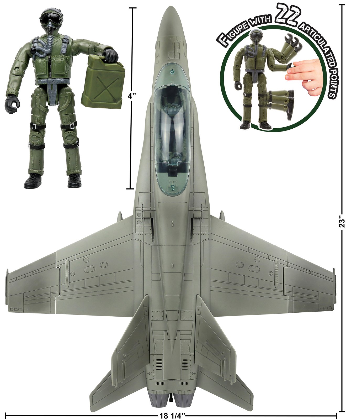 Click N’ Play Military Air Force F/A 18 Super Hornet Fighter Jet, 16 Piece Play Set with Accessories - Army Action Figures, Missiles, and More, Toy for Boys 6+,Grey