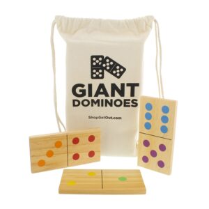 get out! giant wooden dominoes 28-piece set with bag – jumbo natural wood & black numbers – kids adults outdoor games