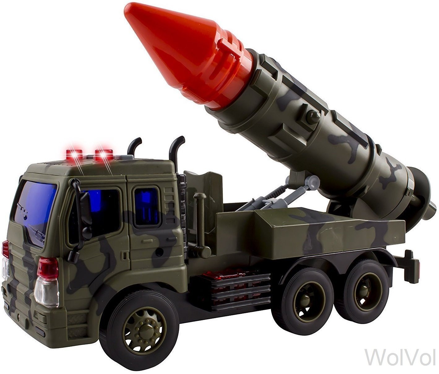 WolVolk Friction Powered Launcher Fighter Military Truck - Pull Back Missile Carrier Army Vehicle w/Lights & Sounds - Pretend War & Action Toy for Kids