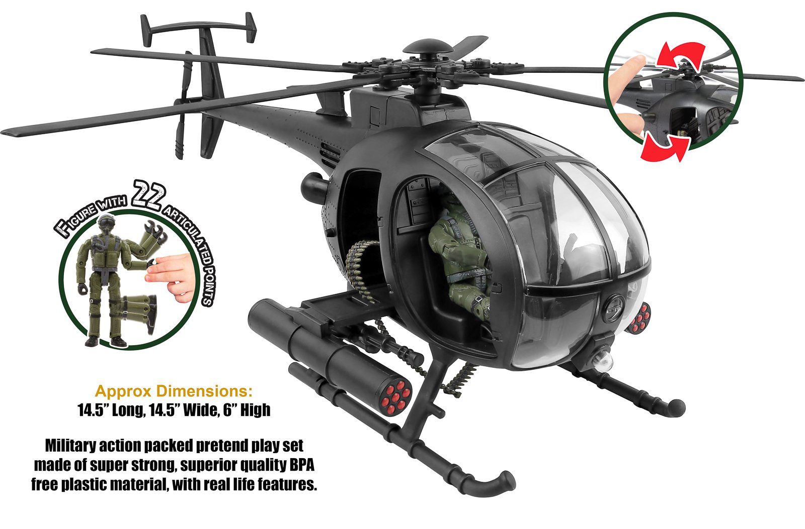 Click N' Play Military Attack Combat Helicopter Toy - 20 Piece Play Set Helicopter Toys with Accessories - Military Toys