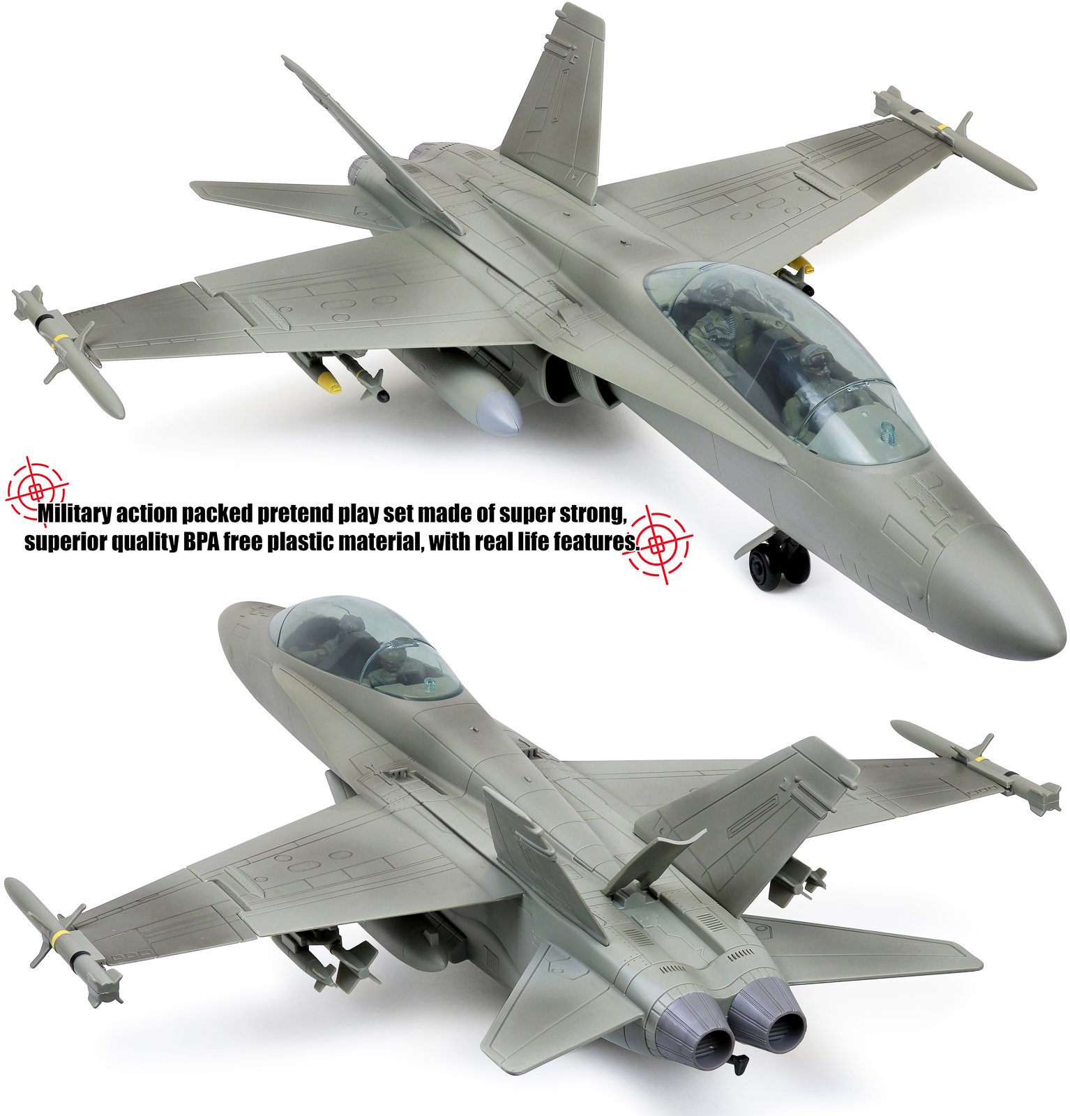 Click N’ Play Military Air Force F/A 18 Super Hornet Fighter Jet, 16 Piece Play Set with Accessories - Army Action Figures, Missiles, and More, Toy for Boys 6+,Grey