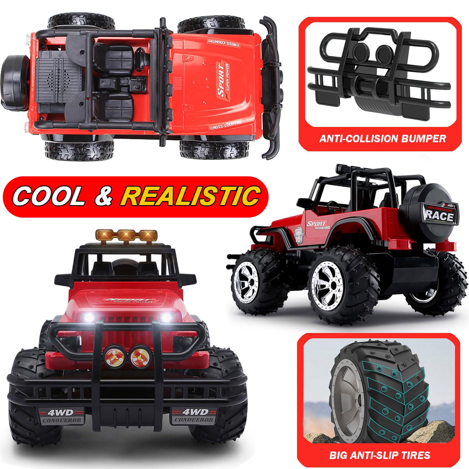 Remote Control Truck for Boys 4-7, High Speed Off Road 1:16 Pick-up Toys RC Car Monster Truck 2.4Ghz with LED Headlight Crawler for Kids