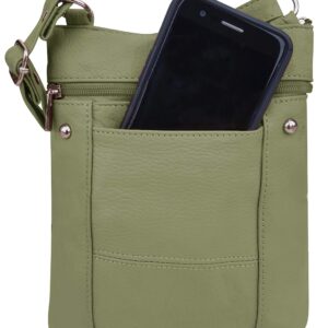 Roma Leathers Crossbody Zippered Purse - 3 Front Pockets, Adjustable Strap - Olive