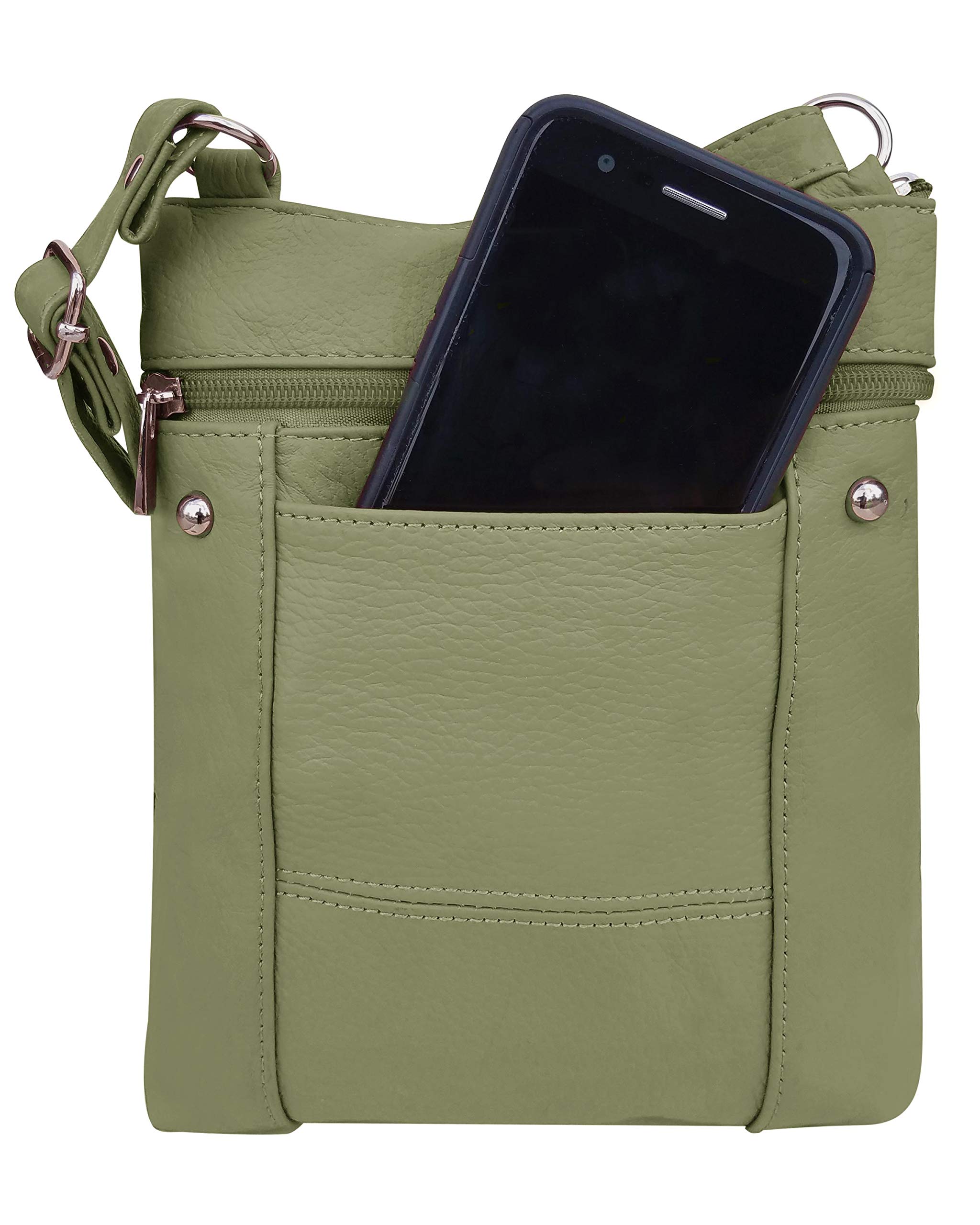 Roma Leathers Crossbody Zippered Purse - 3 Front Pockets, Adjustable Strap - Olive