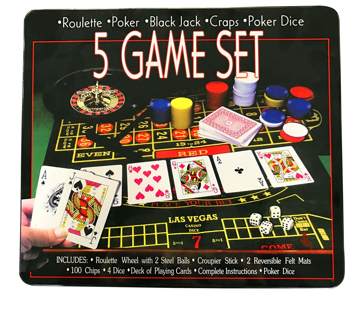 5 in 1 Casino Games Set Roulette,Poker, Black Jack, Craps, has Chips,Mats, Dices, Cards,