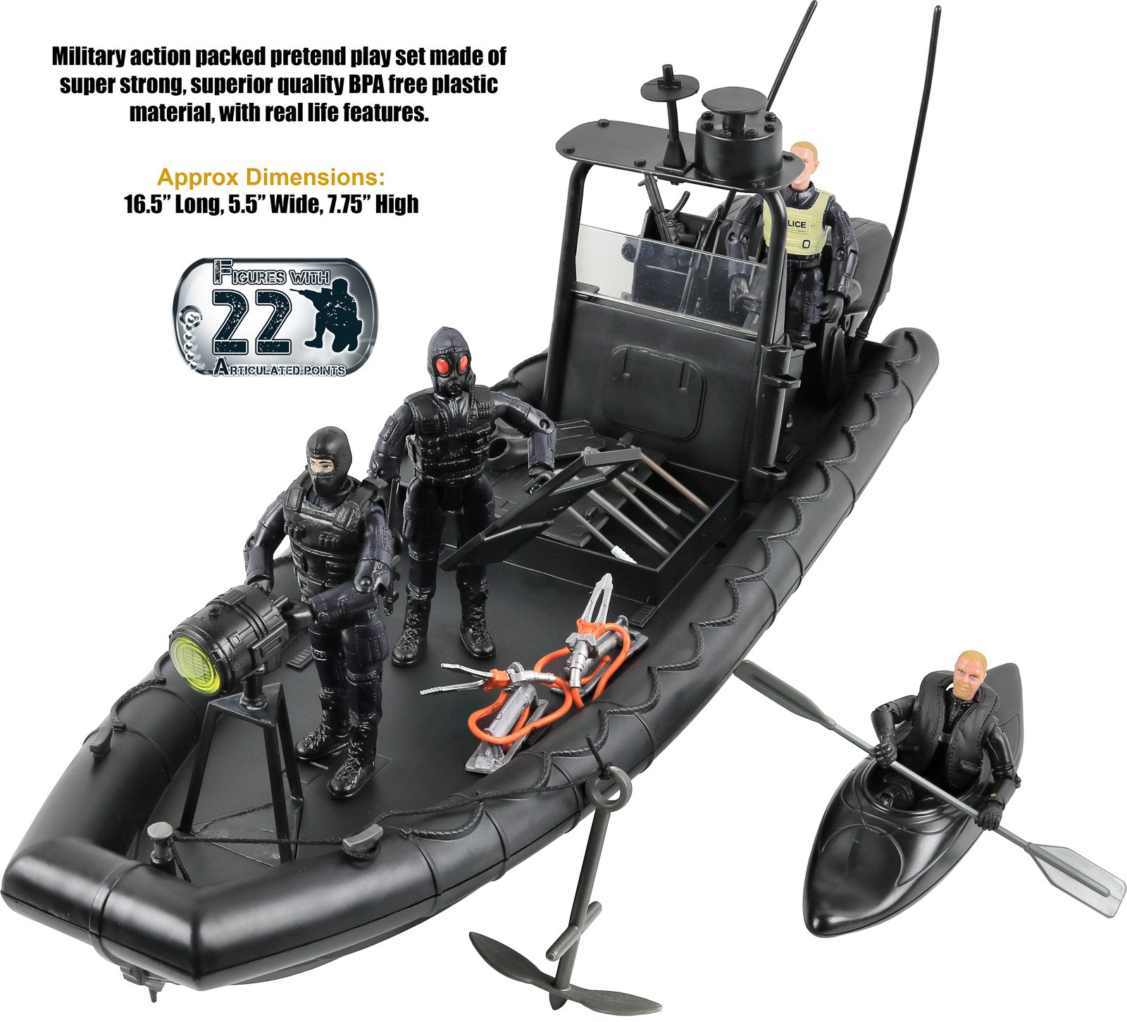 Click N’ Play Military Elite Swat Unit Force Patrol Dinghy Boat 25 Piece Play Set with Accessories - Click n Play Military Toy Boat - SWAT Toys