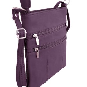 Roma Leathers Mini Body Purse - Multi Pocket Double Zipper Cross Body Handbag - Premium Purple Leather - Adjustable Shoulder Strap - Convenient Travel Bag - Designed in the U.S.A.