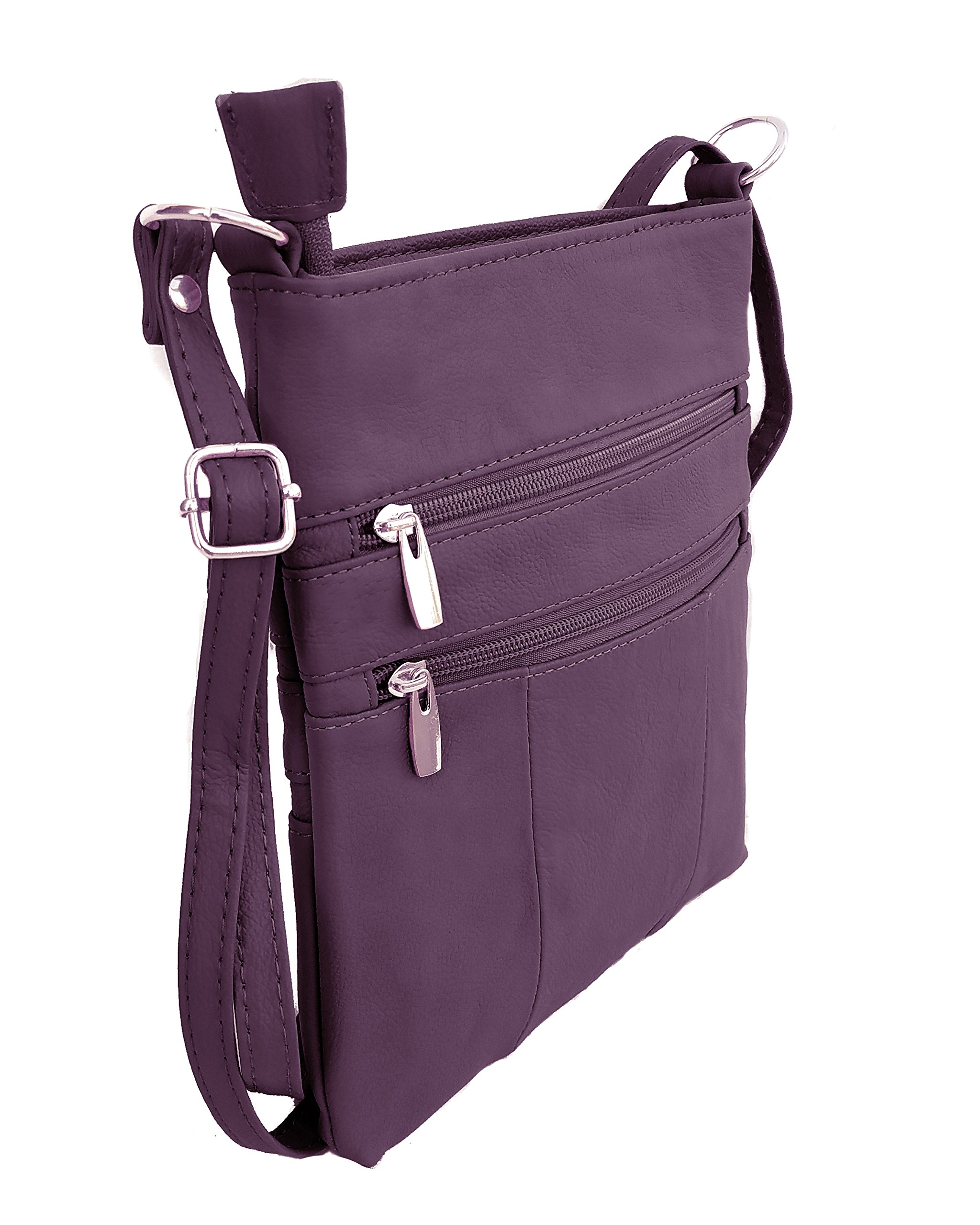 Roma Leathers Mini Body Purse - Multi Pocket Double Zipper Cross Body Handbag - Premium Purple Leather - Adjustable Shoulder Strap - Convenient Travel Bag - Designed in the U.S.A.