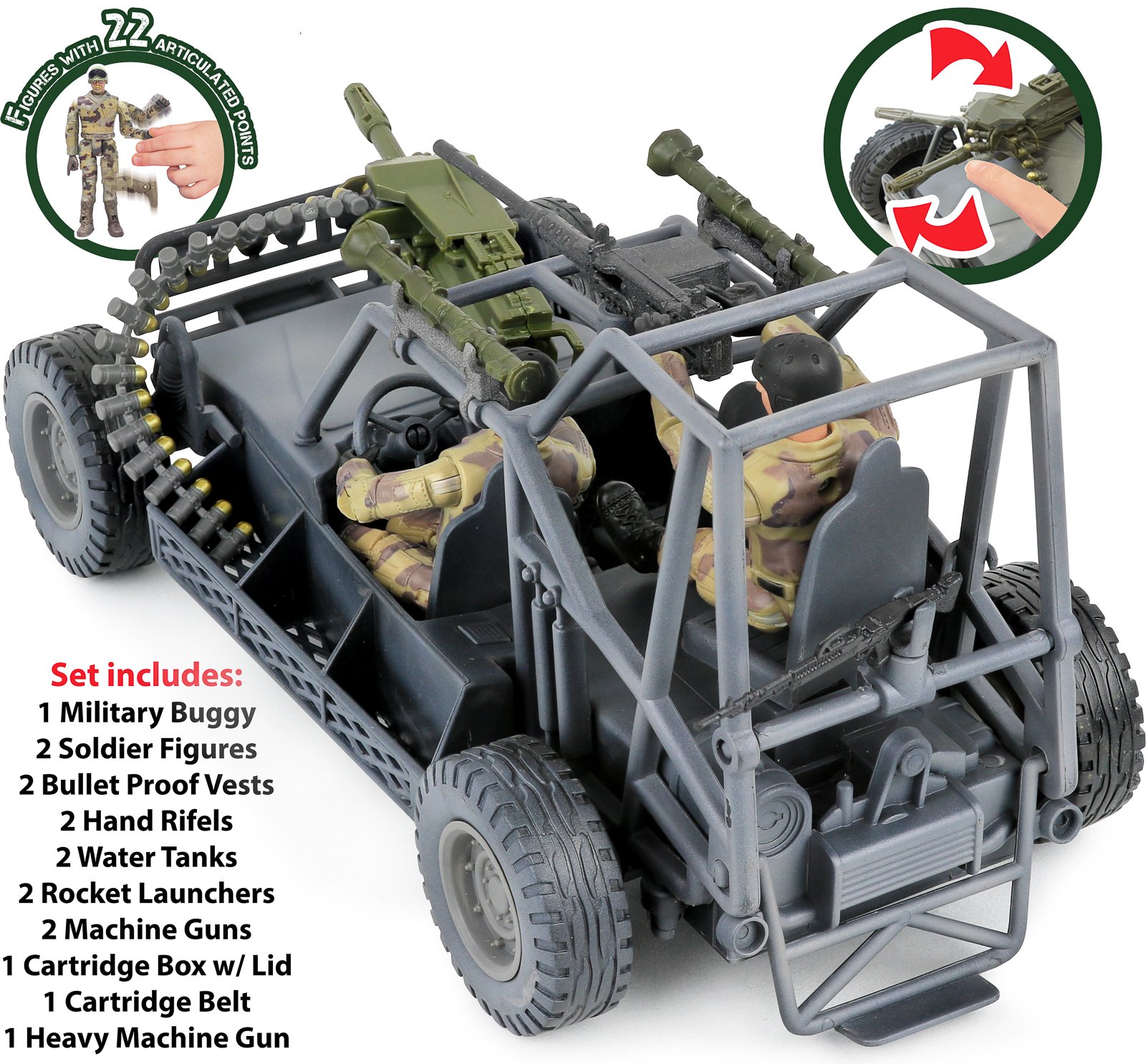 Click N' Play Military Desert Patrol Vehicle (DPV) Buggy, 16 Piece Action Figure Play Set with Accessories Including Army Gear & Military Buggy, Playset for Boys 3+ , White,Grey/Green