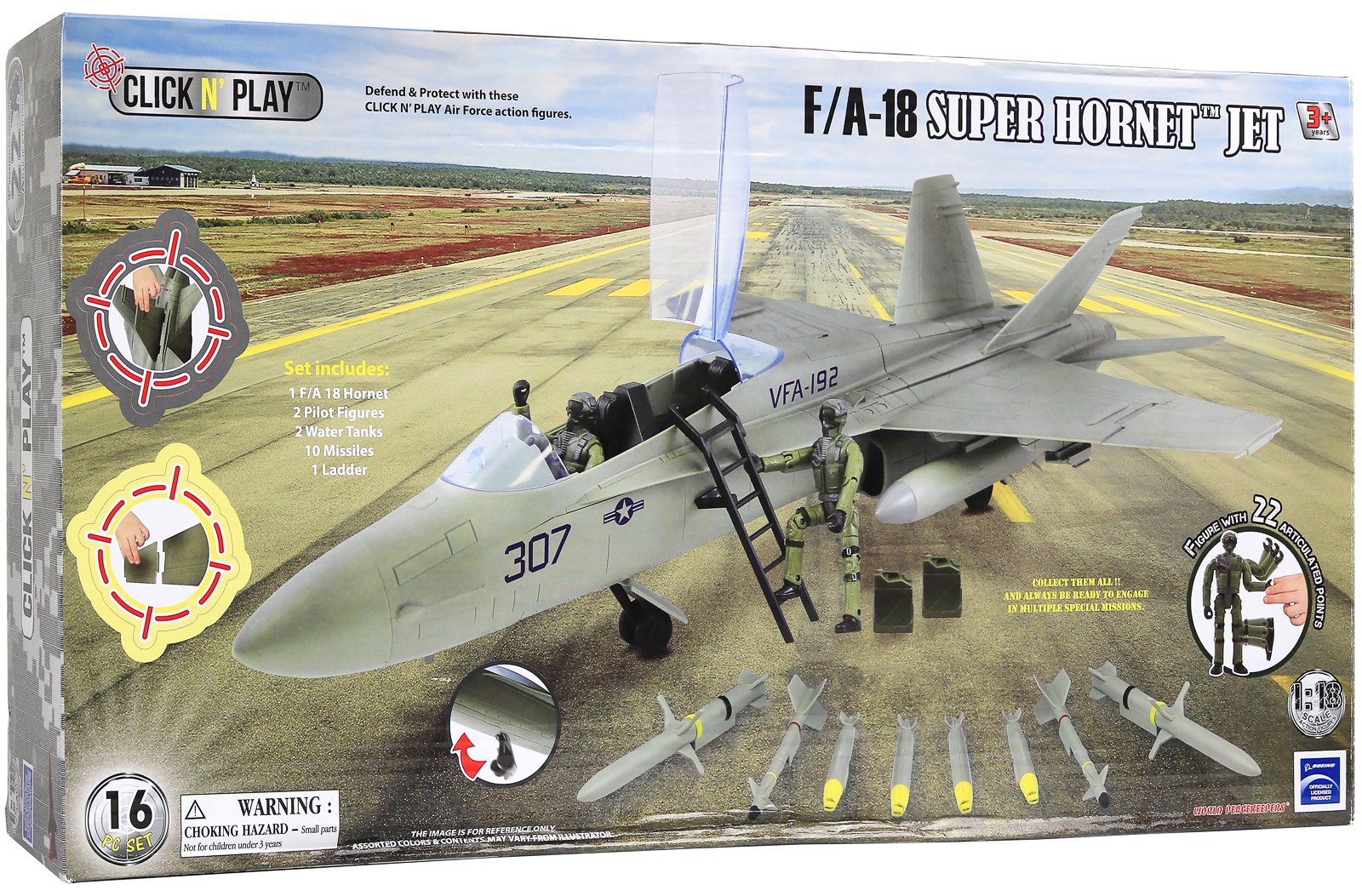 Click N’ Play Military Air Force F/A 18 Super Hornet Fighter Jet, 16 Piece Play Set with Accessories - Army Action Figures, Missiles, and More, Toy for Boys 6+,Grey