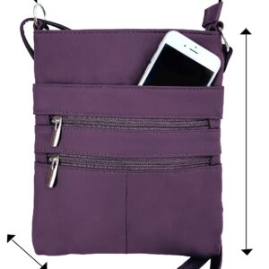 Roma Leathers Mini Body Purse - Multi Pocket Double Zipper Cross Body Handbag - Premium Purple Leather - Adjustable Shoulder Strap - Convenient Travel Bag - Designed in the U.S.A.