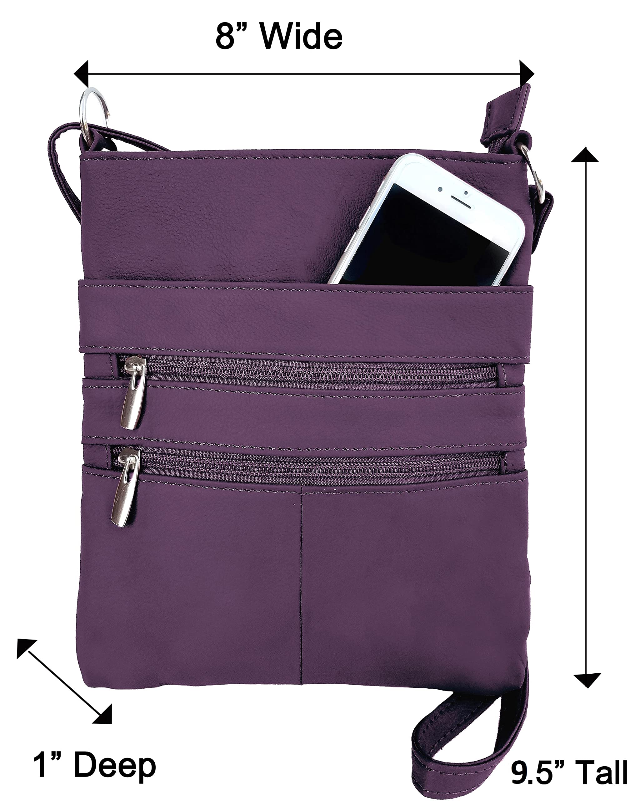 Roma Leathers Mini Body Purse - Multi Pocket Double Zipper Cross Body Handbag - Premium Purple Leather - Adjustable Shoulder Strap - Convenient Travel Bag - Designed in the U.S.A.