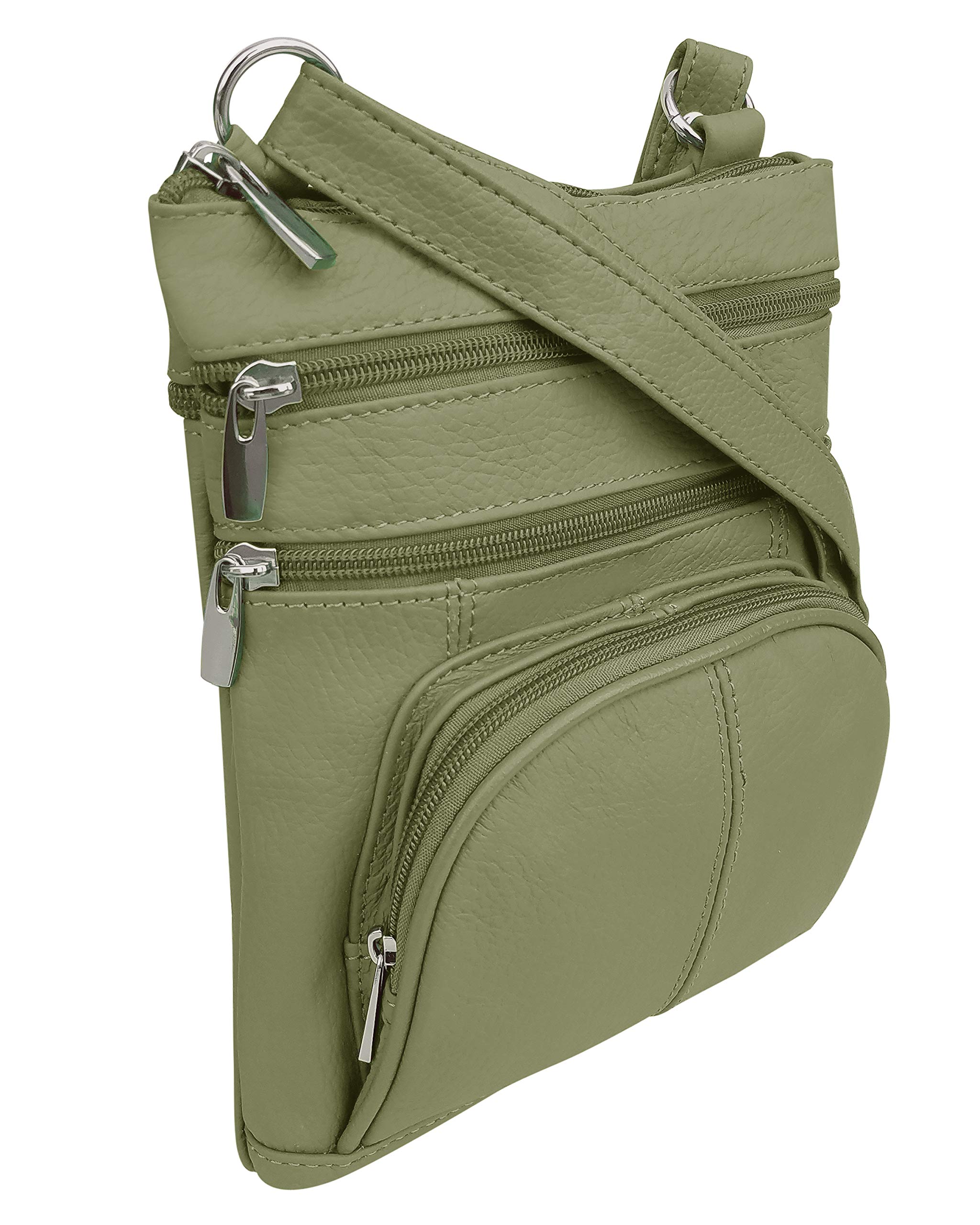 Roma Leathers Crossbody Zippered Purse - 3 Front Pockets, Adjustable Strap - Olive