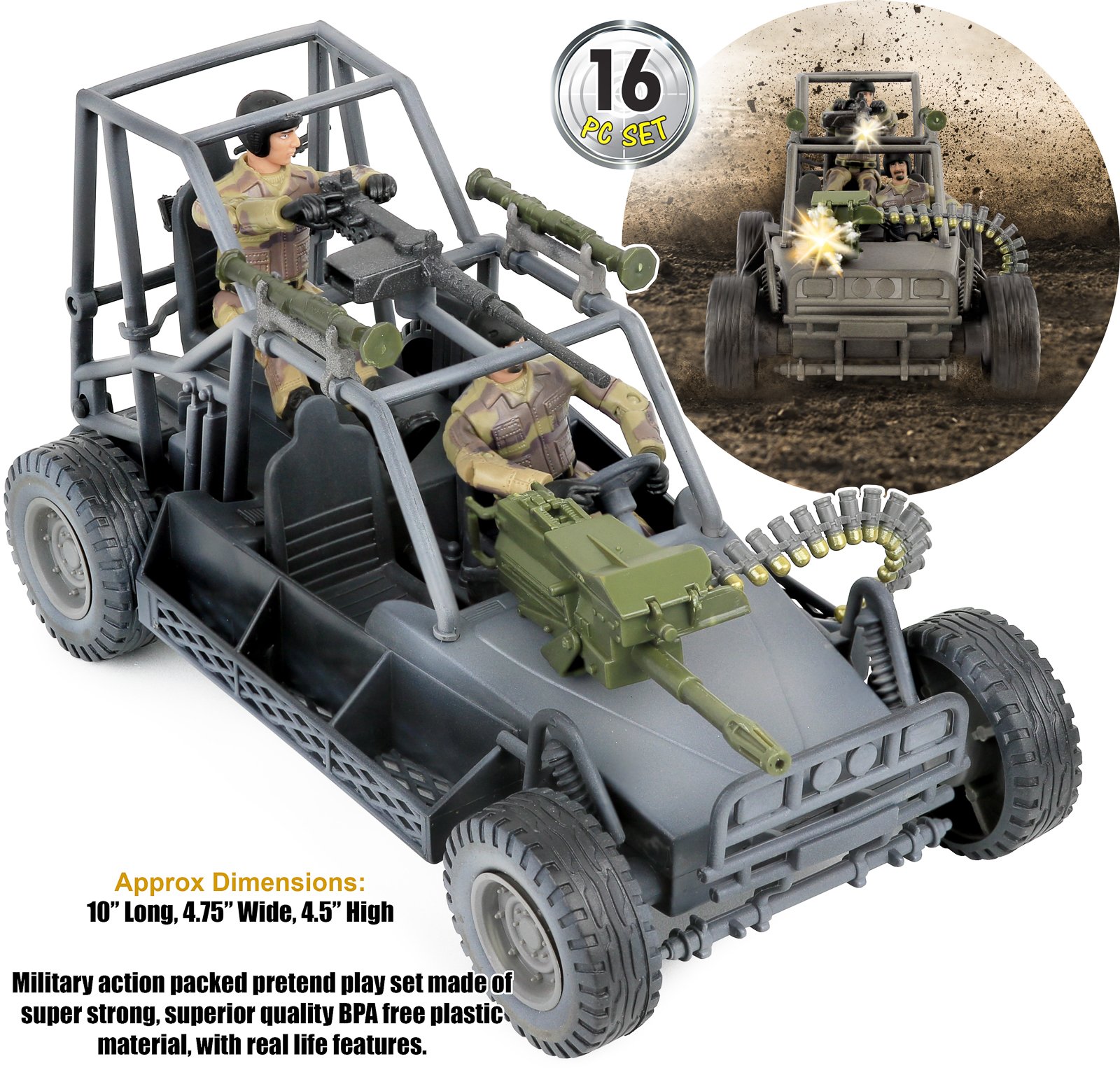 Click N' Play Military Desert Patrol Vehicle (DPV) Buggy, 16 Piece Action Figure Play Set with Accessories Including Army Gear & Military Buggy, Playset for Boys 3+ , White,Grey/Green