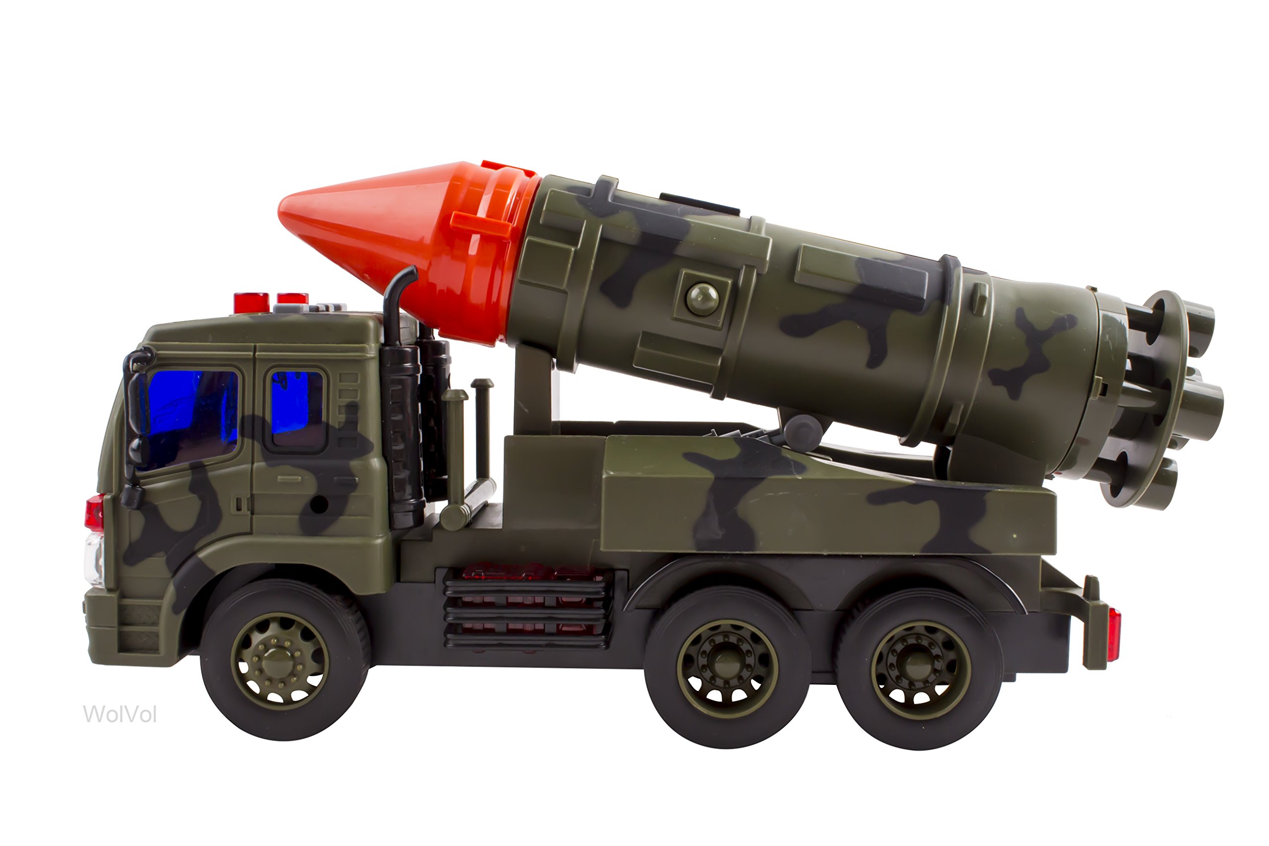 WolVolk Friction Powered Launcher Fighter Military Truck - Pull Back Missile Carrier Army Vehicle w/Lights & Sounds - Pretend War & Action Toy for Kids