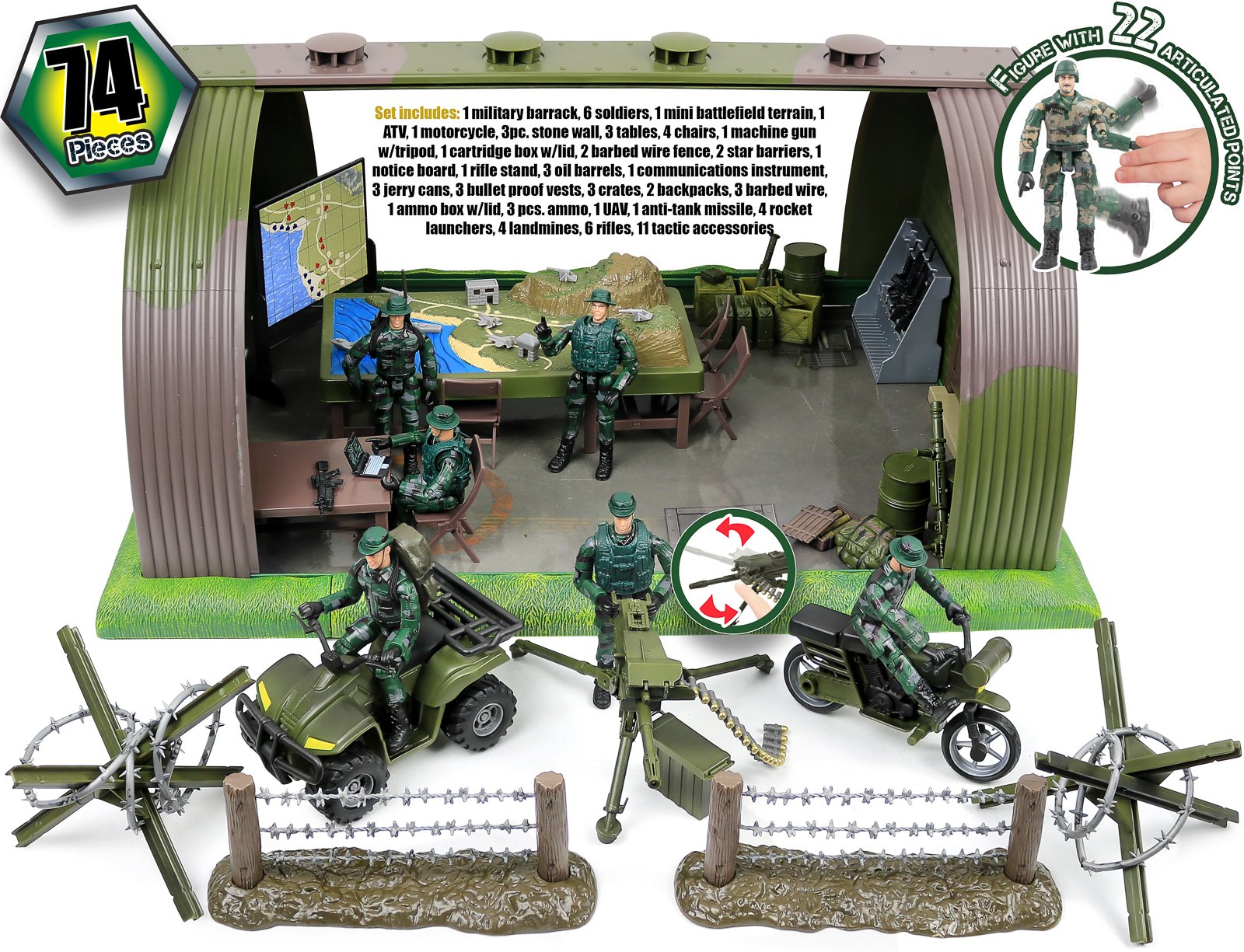 Click N’ Play Military Playset and Army Action Figures with a Base Barrack Command Center, Includes 74 Accessories - 6 Soldier Action Figures with Gear, Guns, Vehicles, Army Playsets for Boys 8-12