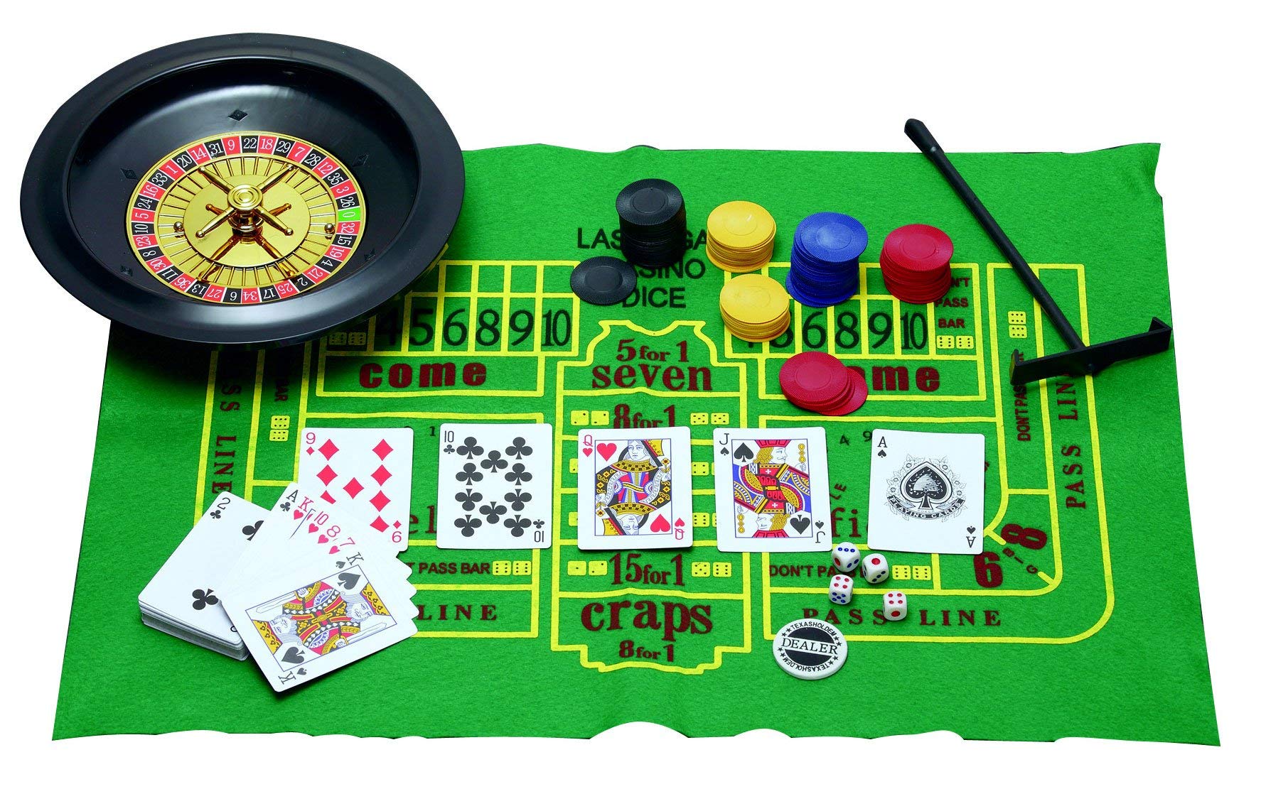 5 in 1 Casino Games Set Roulette,Poker, Black Jack, Craps, has Chips,Mats, Dices, Cards,