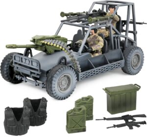 click n' play military desert patrol vehicle (dpv) buggy, 16 piece action figure play set with accessories including army gear & military buggy, playset for boys 3+ , white,grey/green