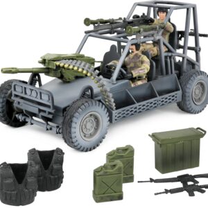 Click N' Play Military Desert Patrol Vehicle (DPV) Buggy, 16 Piece Action Figure Play Set with Accessories Including Army Gear & Military Buggy, Playset for Boys 3+ , White,Grey/Green