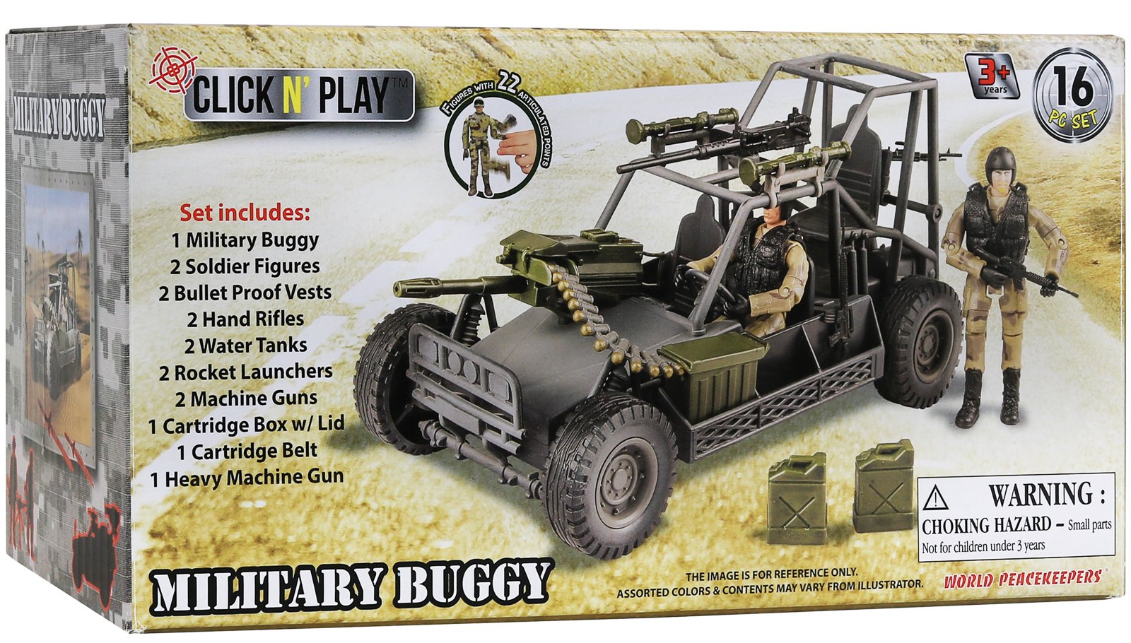 Click N' Play Military Desert Patrol Vehicle (DPV) Buggy, 16 Piece Action Figure Play Set with Accessories Including Army Gear & Military Buggy, Playset for Boys 3+ , White,Grey/Green