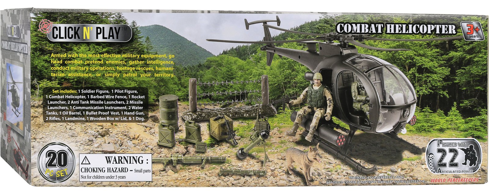 Click N' Play Military Attack Combat Helicopter Toy - 20 Piece Play Set Helicopter Toys with Accessories - Military Toys