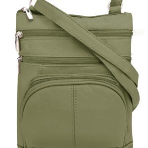 Roma Leathers Crossbody Zippered Purse - 3 Front Pockets, Adjustable Strap - Olive