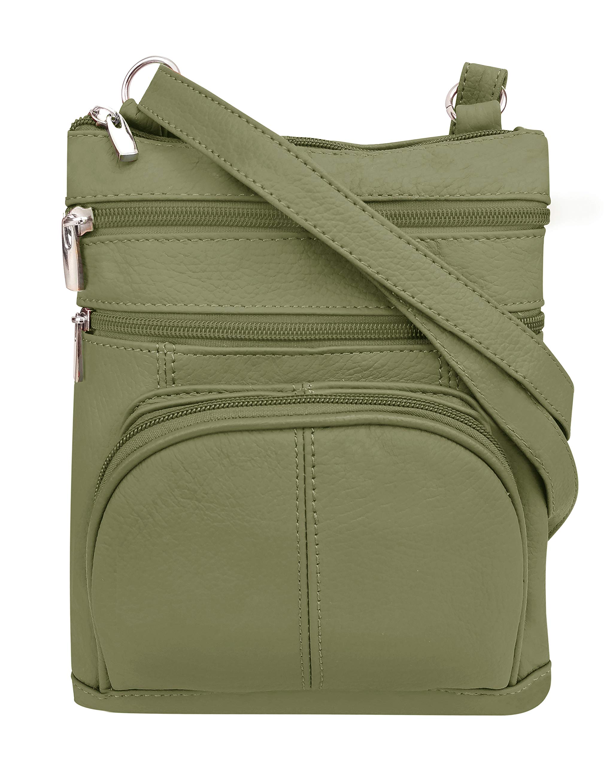 Roma Leathers Crossbody Zippered Purse - 3 Front Pockets, Adjustable Strap - Olive