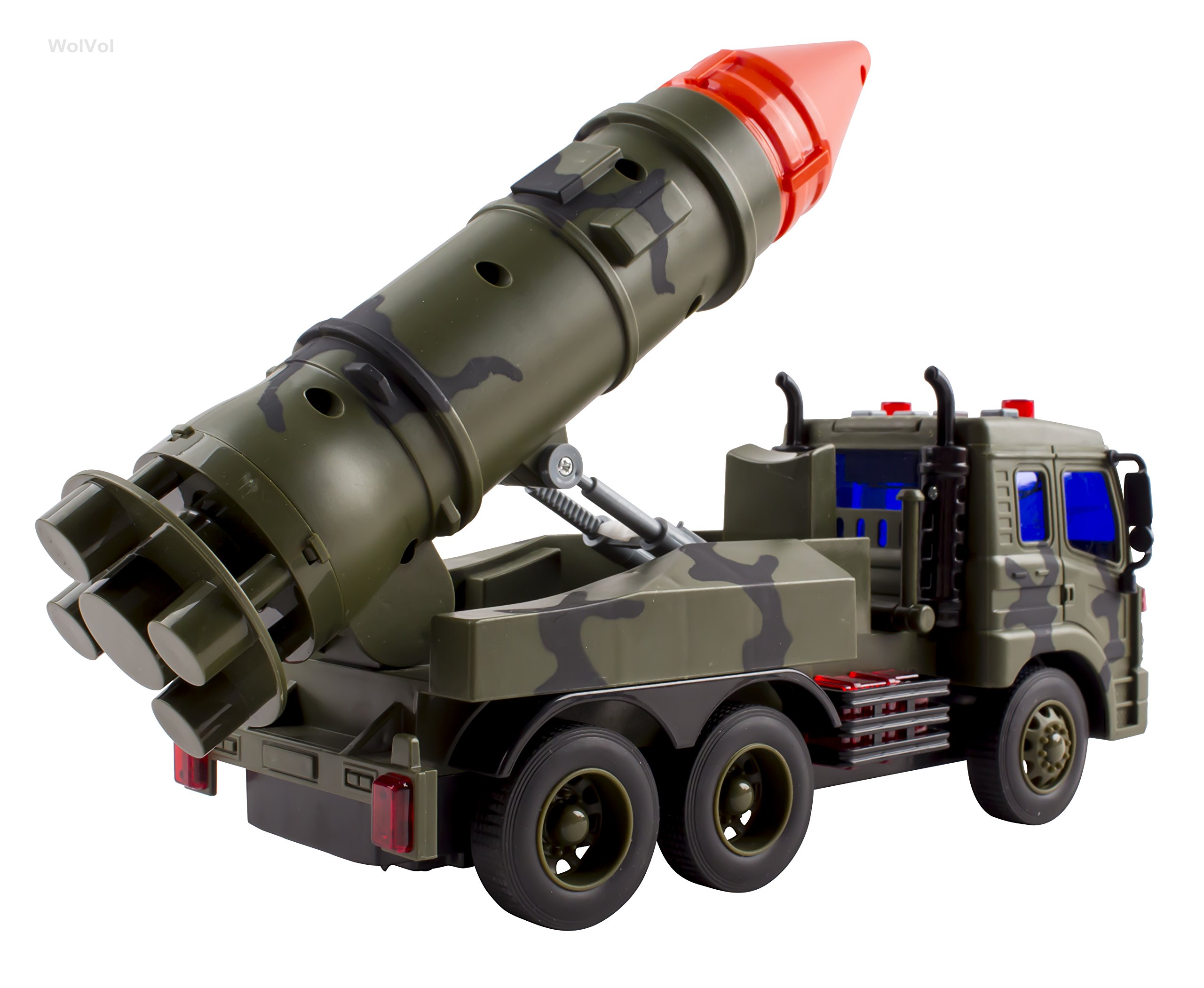 WolVolk Friction Powered Launcher Fighter Military Truck - Pull Back Missile Carrier Army Vehicle w/Lights & Sounds - Pretend War & Action Toy for Kids