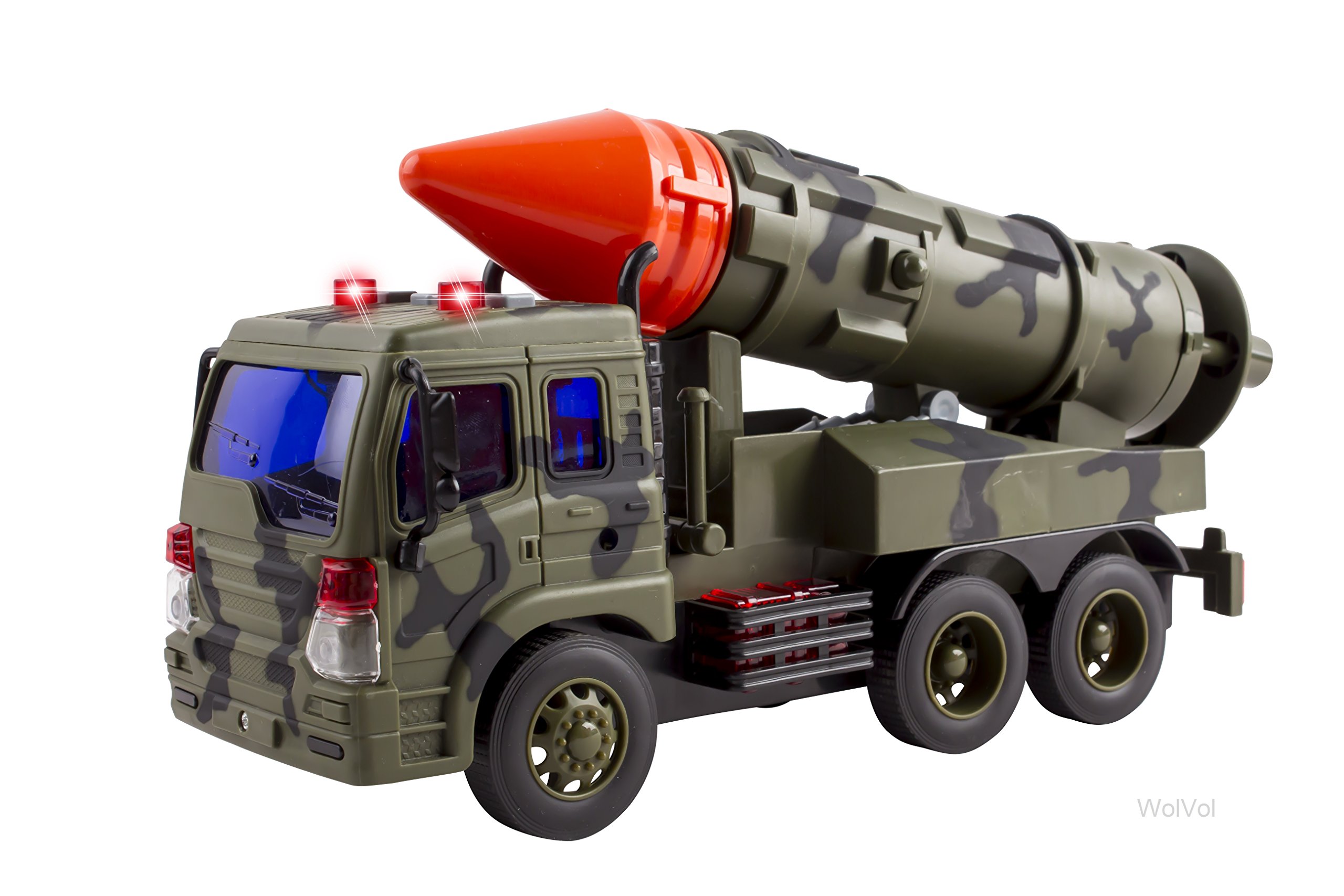 WolVolk Friction Powered Launcher Fighter Military Truck - Pull Back Missile Carrier Army Vehicle w/Lights & Sounds - Pretend War & Action Toy for Kids