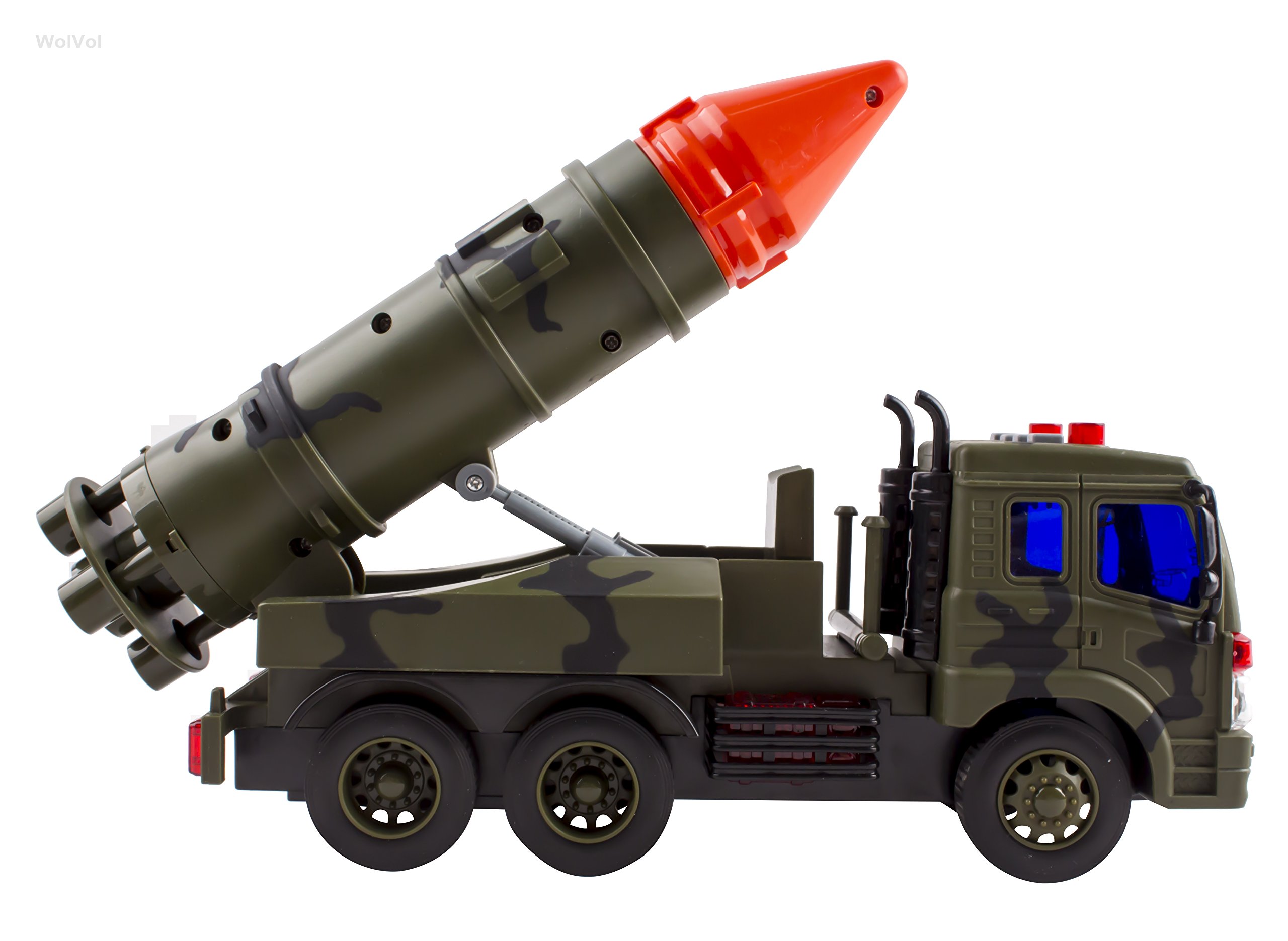 WolVolk Friction Powered Launcher Fighter Military Truck - Pull Back Missile Carrier Army Vehicle w/Lights & Sounds - Pretend War & Action Toy for Kids