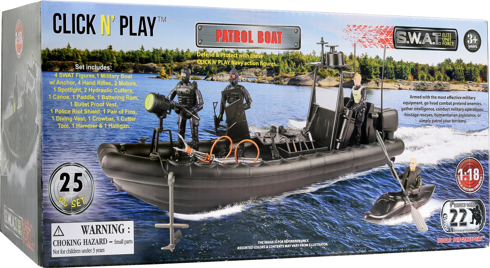 Click N’ Play Military Elite Swat Unit Force Patrol Dinghy Boat 25 Piece Play Set with Accessories - Click n Play Military Toy Boat - SWAT Toys