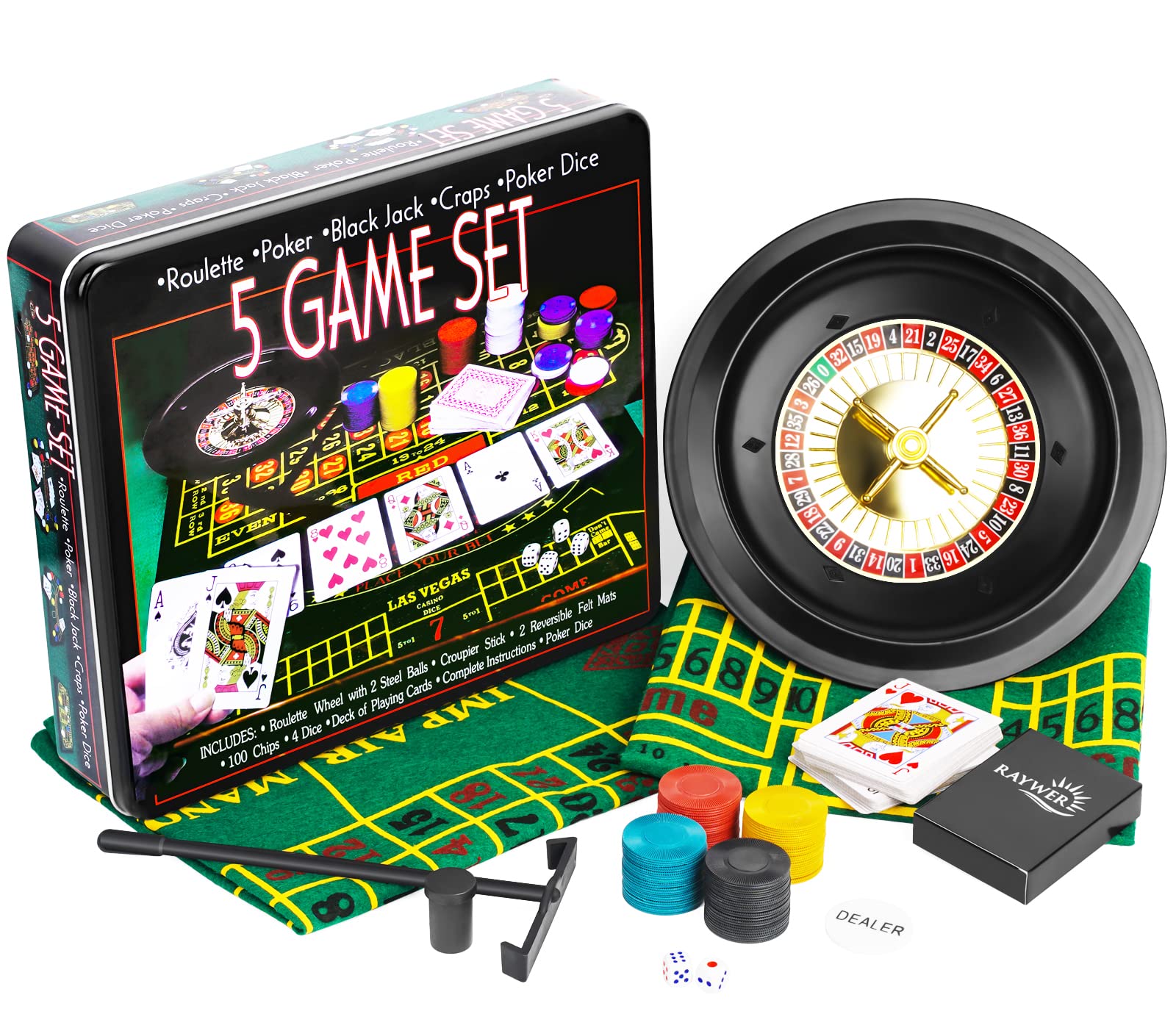 5 in 1 Casino Games Set Roulette,Poker, Black Jack, Craps, has Chips,Mats, Dices, Cards,