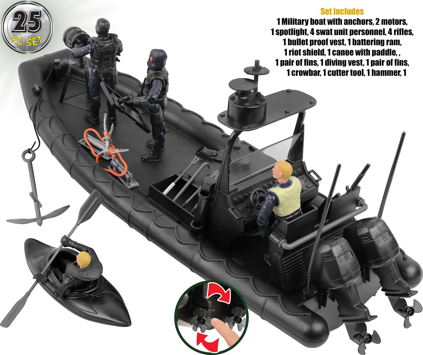 Click N’ Play Military Elite Swat Unit Force Patrol Dinghy Boat 25 Piece Play Set with Accessories - Click n Play Military Toy Boat - SWAT Toys