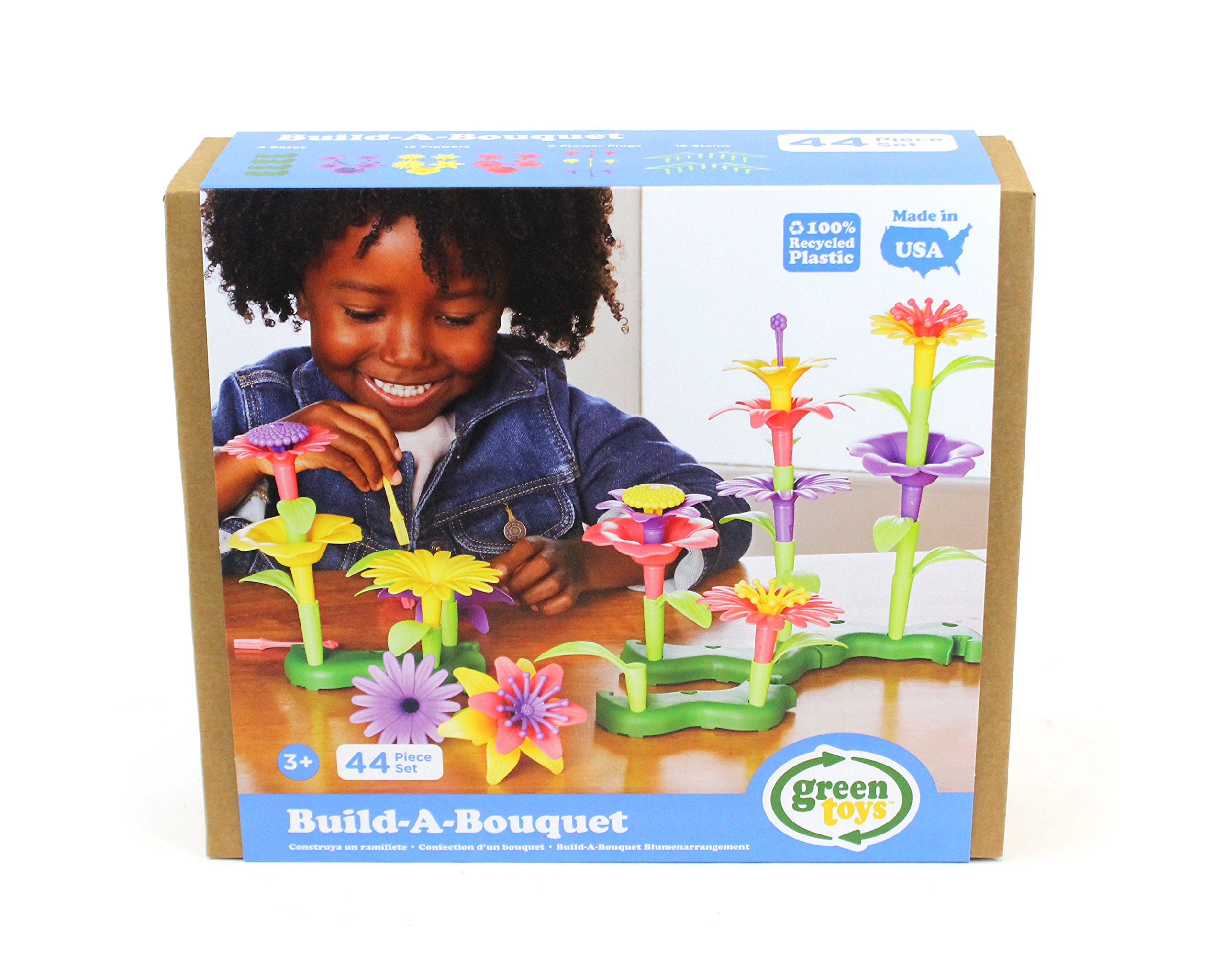 Green Toys Build-a-Bouquet, 4C - 44 Piece Pretend Play, Motor Skills, Building and Stacking Kids Toy Set. No BPA, phthatates, PVC. Dishwasher Safe, Recycled Plastic, Made in USA.