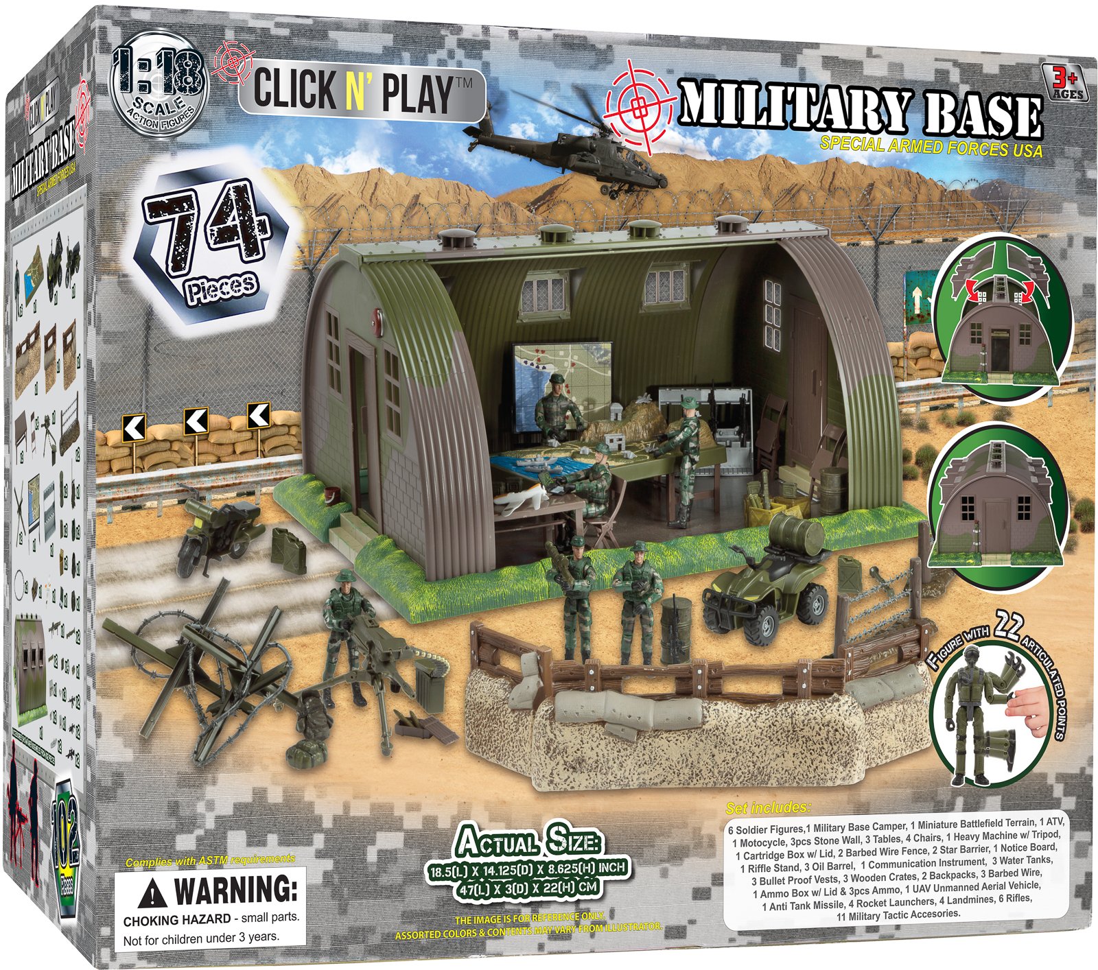 Click N’ Play Military Playset and Army Action Figures with a Base Barrack Command Center, Includes 74 Accessories - 6 Soldier Action Figures with Gear, Guns, Vehicles, Army Playsets for Boys 8-12