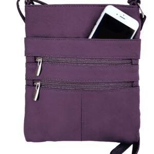 Roma Leathers Mini Body Purse - Multi Pocket Double Zipper Cross Body Handbag - Premium Purple Leather - Adjustable Shoulder Strap - Convenient Travel Bag - Designed in the U.S.A.