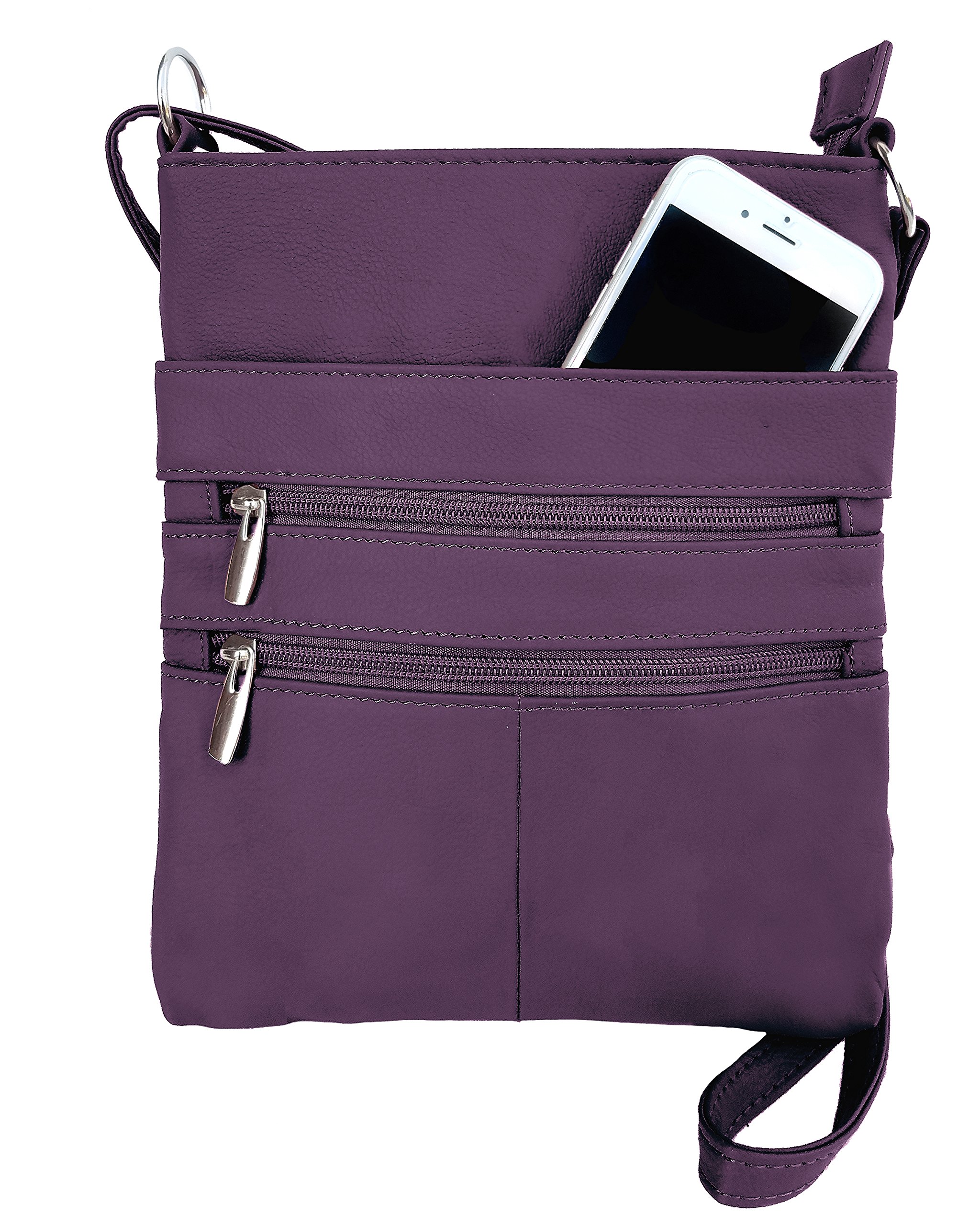 Roma Leathers Mini Body Purse - Multi Pocket Double Zipper Cross Body Handbag - Premium Purple Leather - Adjustable Shoulder Strap - Convenient Travel Bag - Designed in the U.S.A.