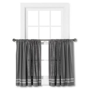 two tiers curtain panel grey stripes 43"wx35"l 100% cotton by threshold