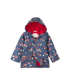 hatley boys' little button-up printed rain jacket, red farm tractors, 4 years