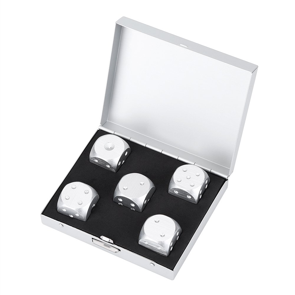 Precision Aluminum Alloy Dice Solid Metal Dice Set Table Game Dice Poker Games Dices Set with Case 5Pcs (Silver Square Box) Dice Set 6 Sided Aluminum Dice