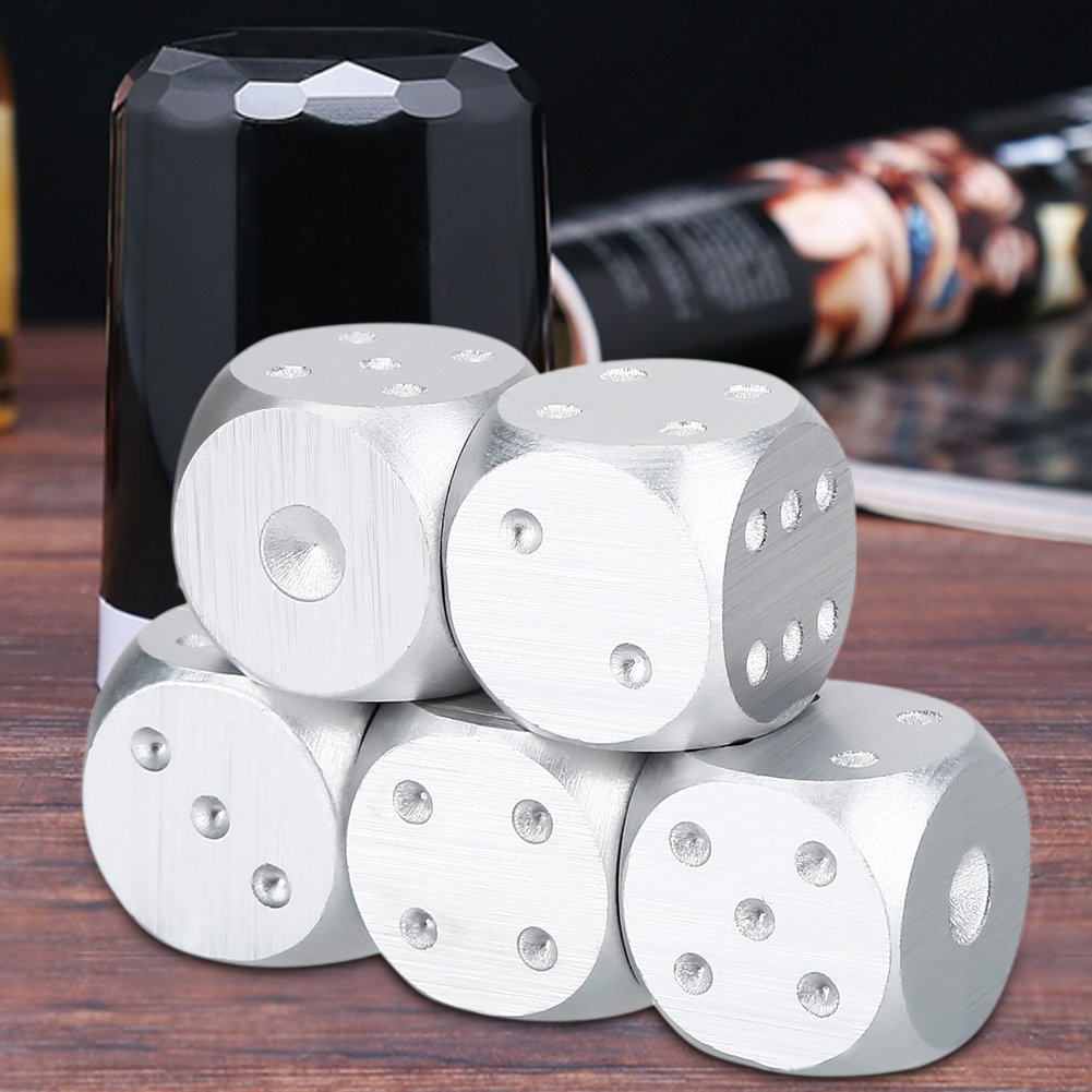 Precision Aluminum Alloy Dice Solid Metal Dice Set Table Game Dice Poker Games Dices Set with Case 5Pcs (Silver Square Box) Dice Set 6 Sided Aluminum Dice