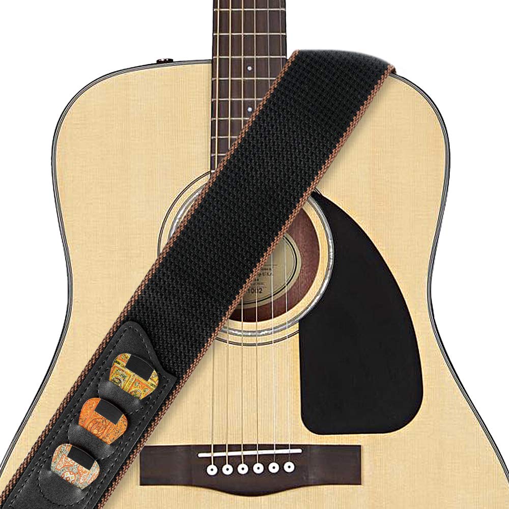 BestSounds Guitar Strap, 100% Soft Cotton Guitar Straps With 3 Pick Holders For Bass, Electric & Acoustic Guitar (Black)