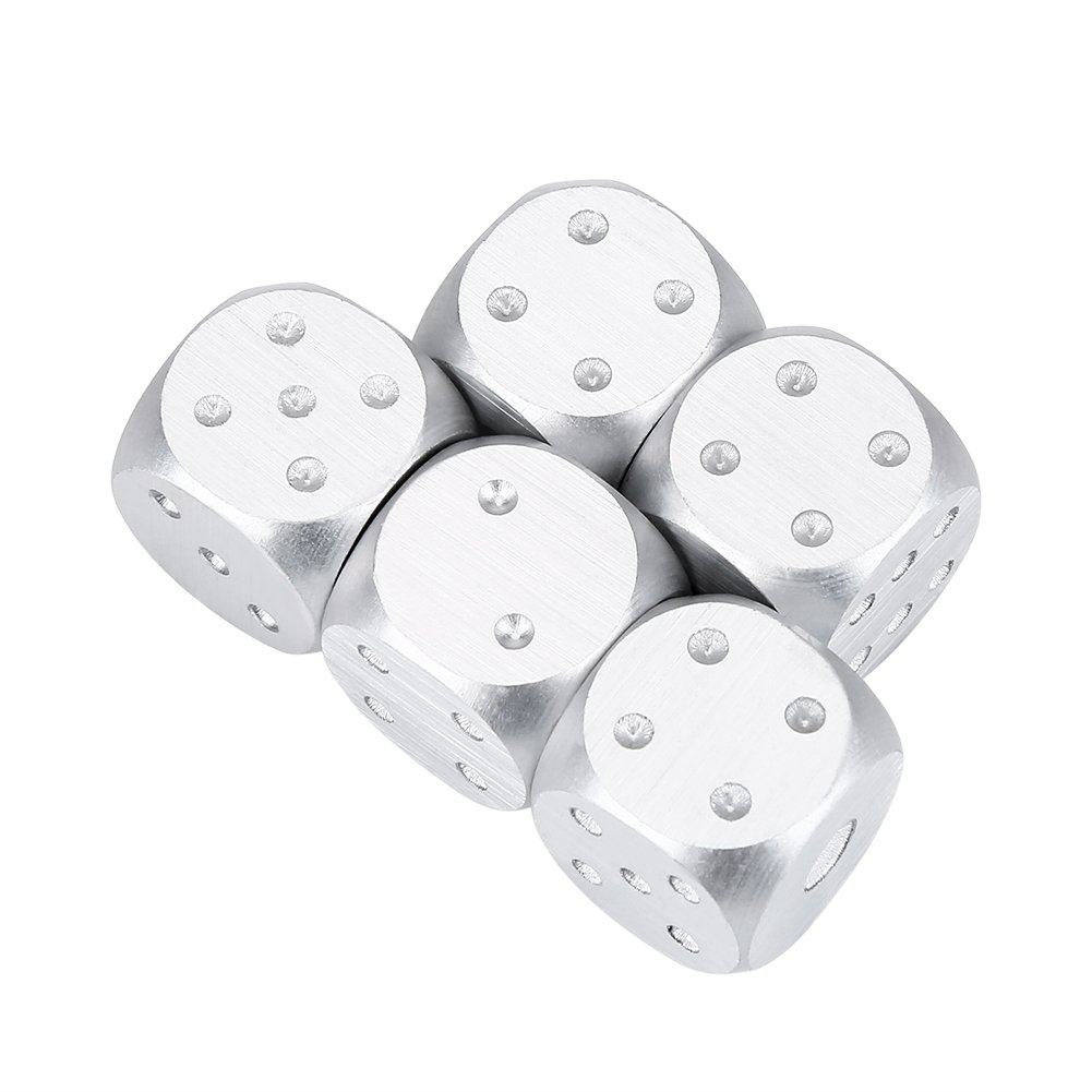 Precision Aluminum Alloy Dice Solid Metal Dice Set Table Game Dice Poker Games Dices Set with Case 5Pcs (Silver Square Box) Dice Set 6 Sided Aluminum Dice