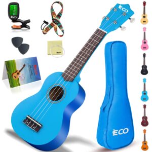 ieco soprano ukulele beginner kit for kids adults 21 inch ukelele w/case strap tuner strings picks (blue)