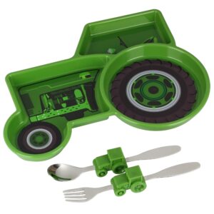 funwares green tractor engaging kids' dinnerware set: durable, divided plate, fun fork and spoon, ideal for picky eaters, educational mealtime, easy cleaning, gift for toddlers