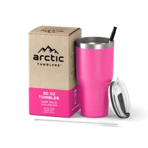 arctic tumblers | 30 oz matte pink insulated tumbler with straw & cleaner - retains temperature up to 24hrs - non-spill splash proof lid, double wall vacuum technology, bpa free & built to last