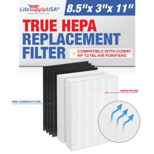 lifesupplyusa 2 hepa 4 carbon filters set compatible with coway filter replacement ap-1216l, high-efficiency filtration, easy installation, odor removal, durable for clean air