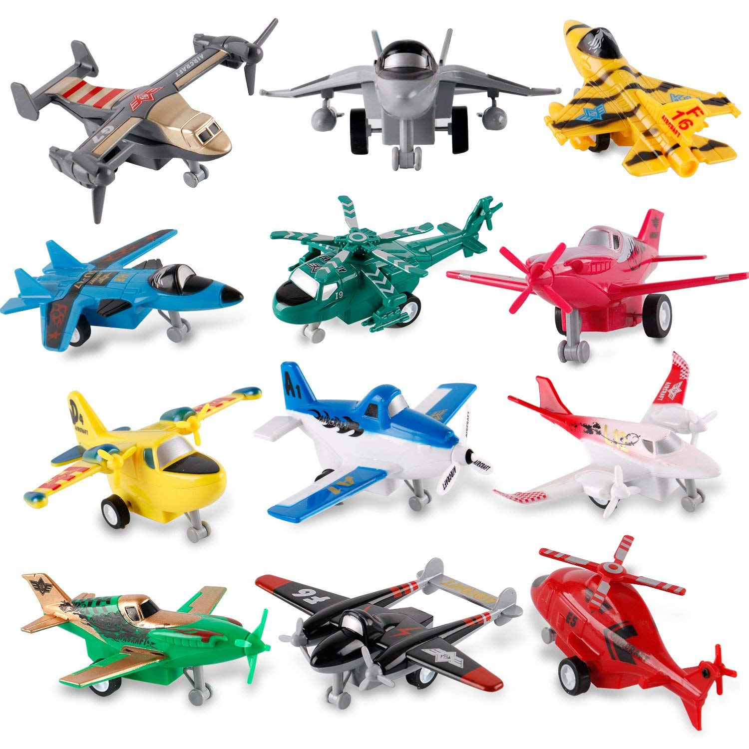 Liberty Imports Pull Back Airplanes Toys Vehicle Playset, Variety Pack of Helicopters, Stealth Bombers, Fighter Jets, Aircraft, Planes for Kids Toddlers Party Favors (12 Pack)