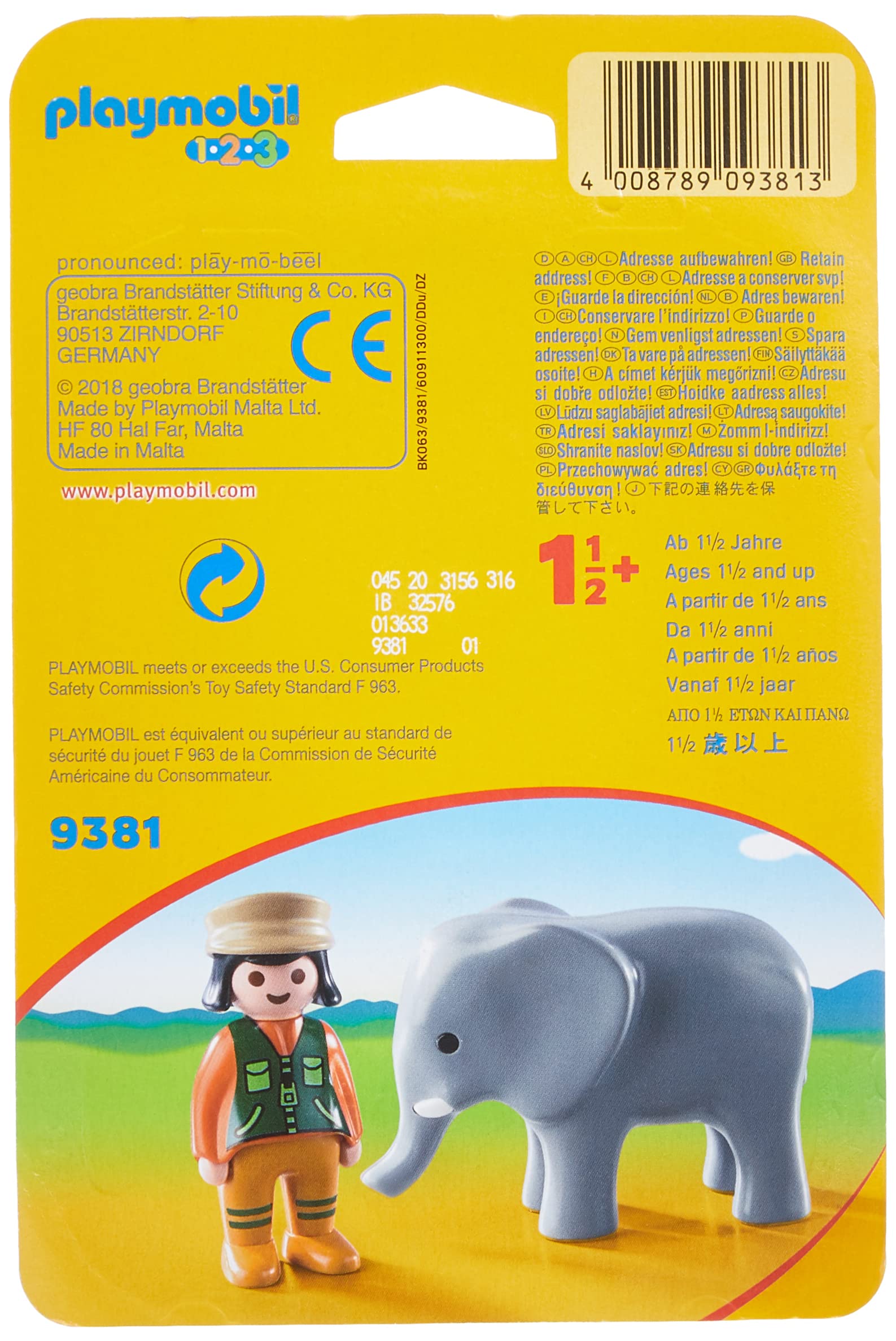 Playmobil 9381 1.2.3 Zookeeper with Elephant, Fun Imaginative Role-Play, PlaySets Suitable for Children Ages 4+